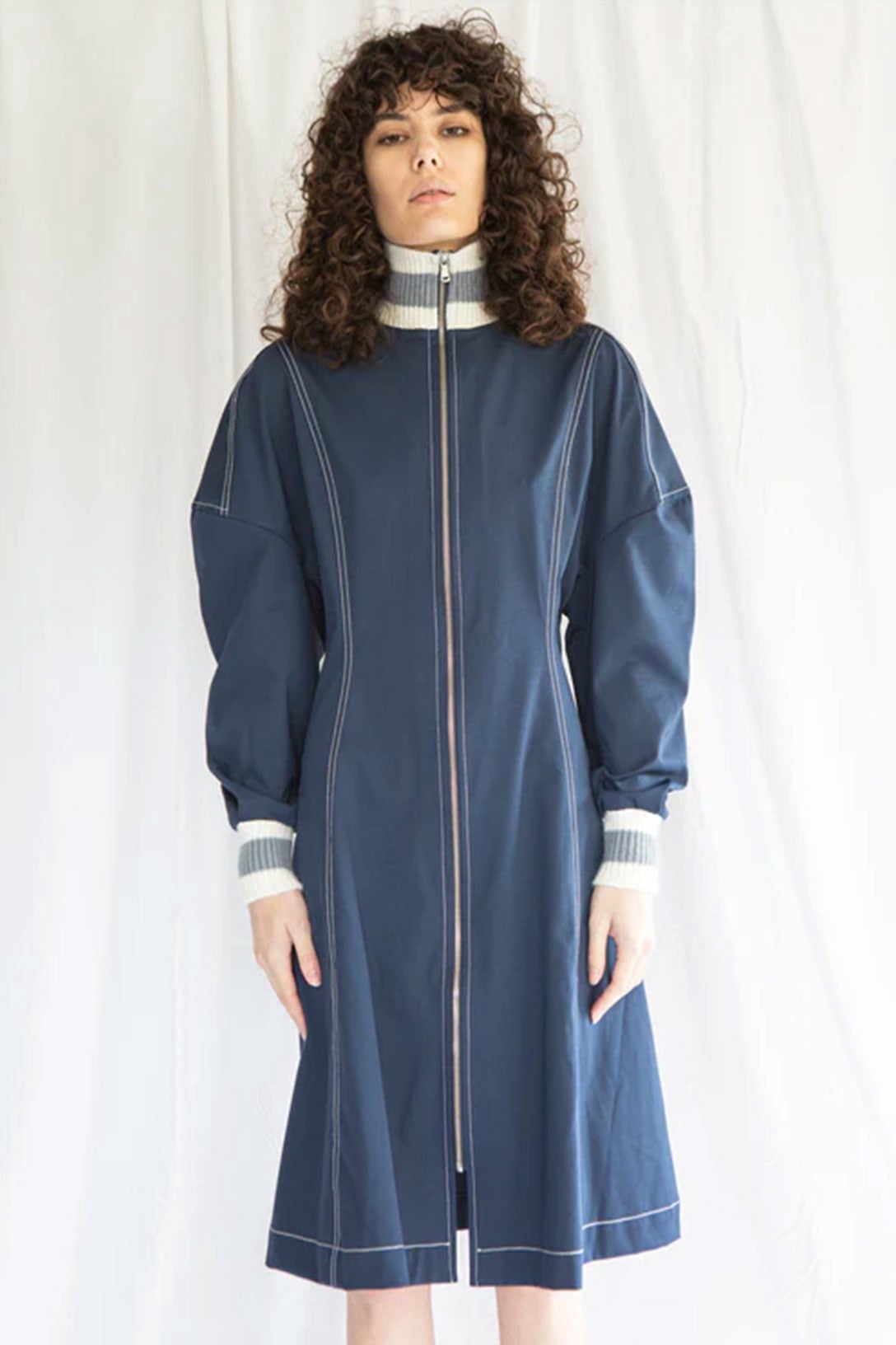 Ribbed Neck Slouchy Track Dress - Navy Ponte in Blue - The Shelter